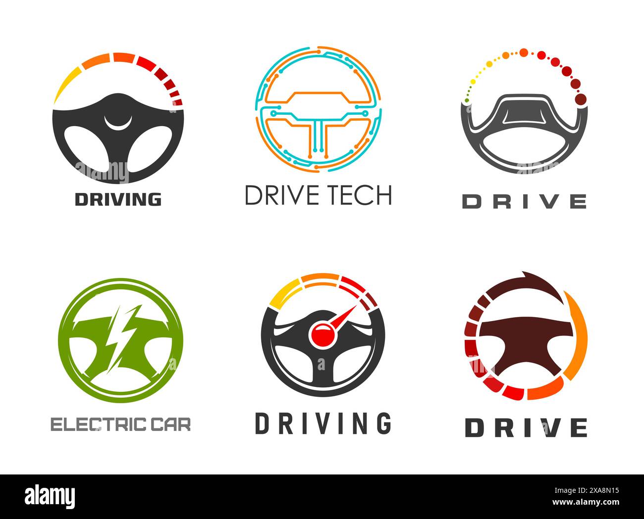 Drive icons of steering wheel for tech and safe drive or driving school ...