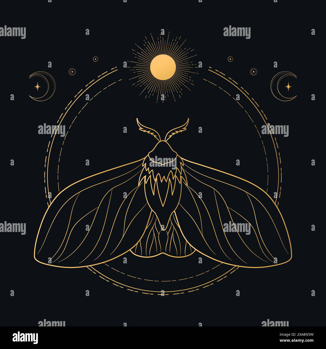 Celestial background with golden moth, sun and crescent moon. Magical, mystical concept. Vector ...
