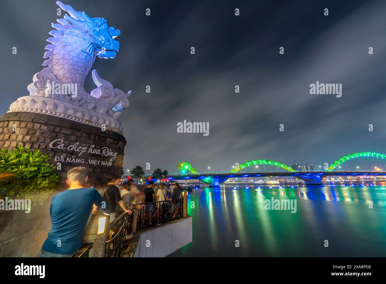 Dragon River Bridge and administrative center building at night, the ...
