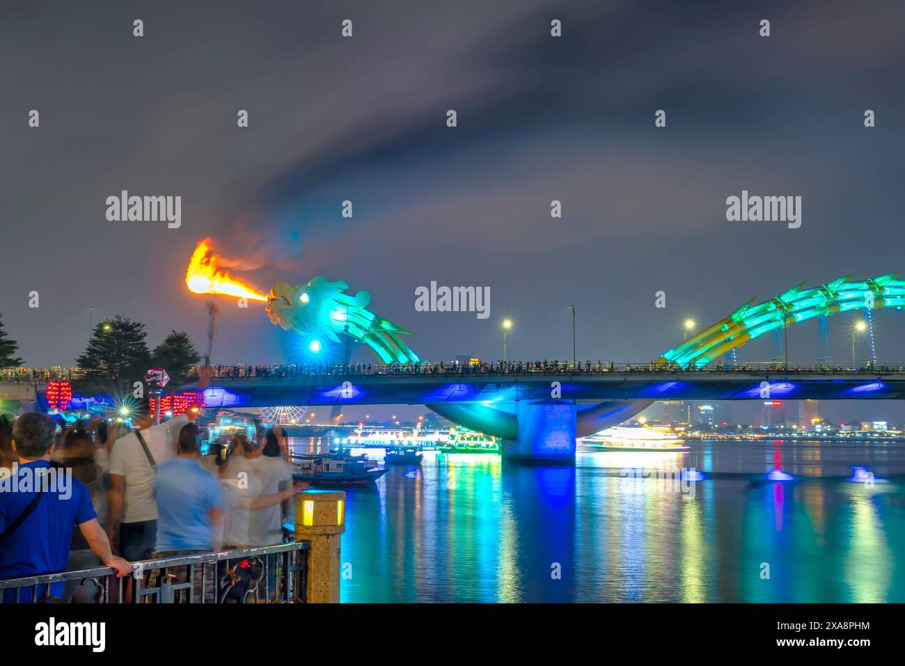 Dragon River Bridge and administrative center building at night, the ...