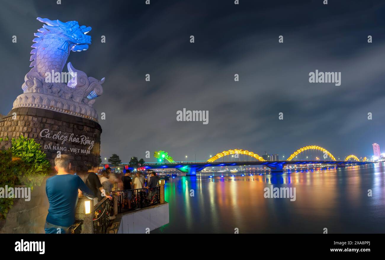 Dragon River Bridge and administrative center building at night, the ...