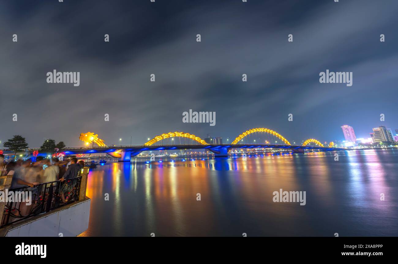 Dragon River Bridge and administrative center building at night, the ...