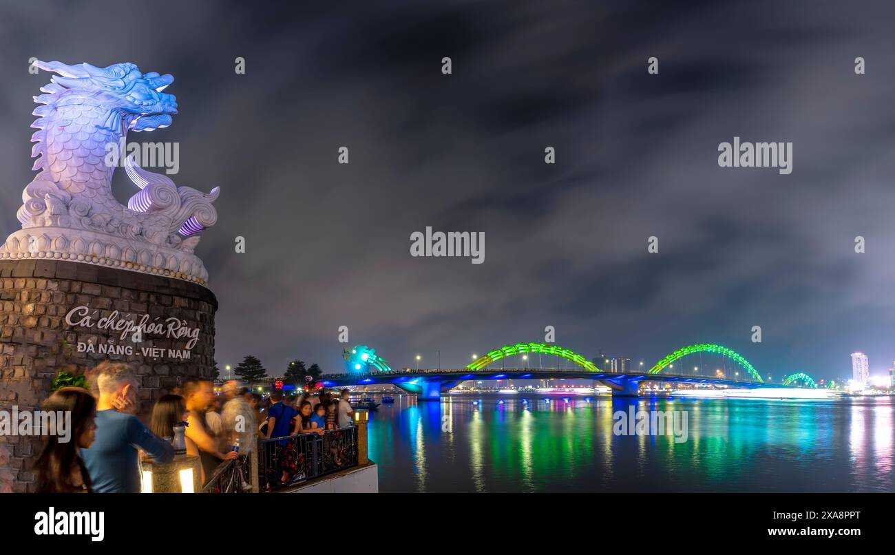 Dragon River Bridge and administrative center building at night, the ...
