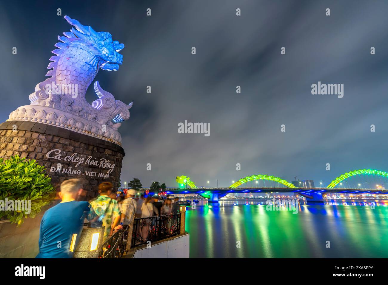 Dragon River Bridge and administrative center building at night, the ...