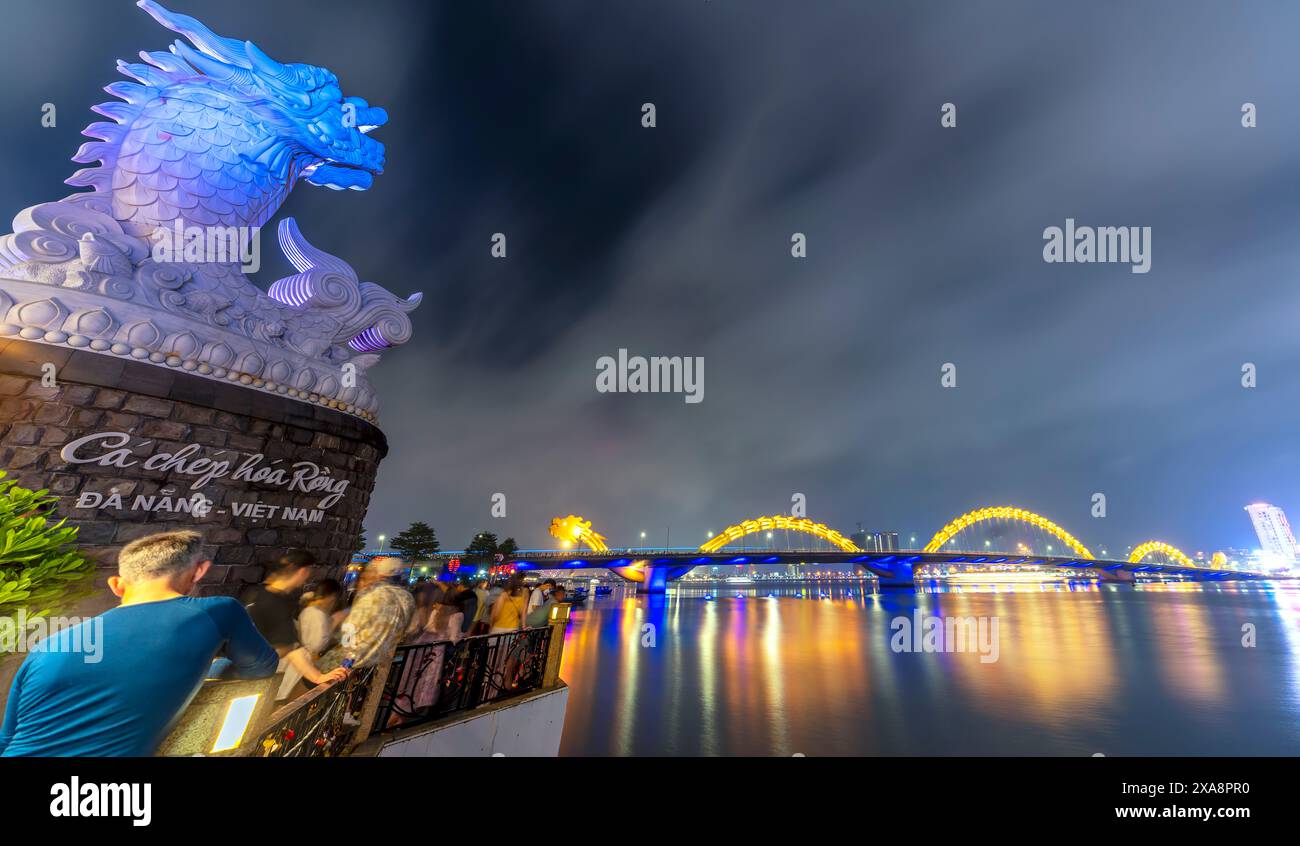 Dragon River Bridge and administrative center building at night, the ...