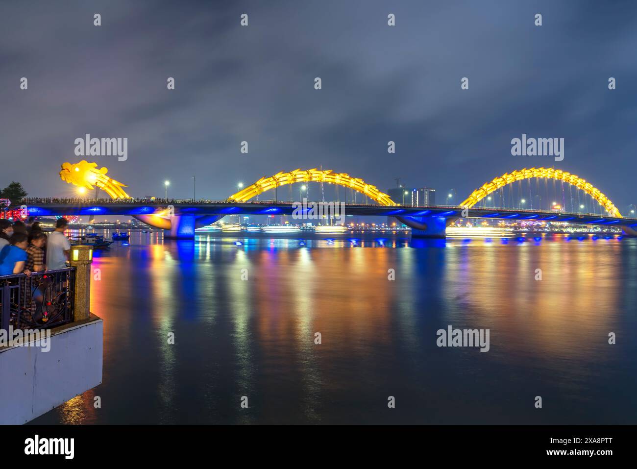 Dragon River Bridge and administrative center building at night, the ...