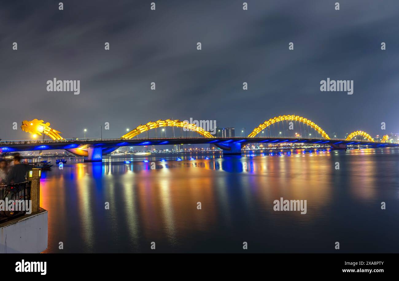 Dragon River Bridge and administrative center building at night, the ...
