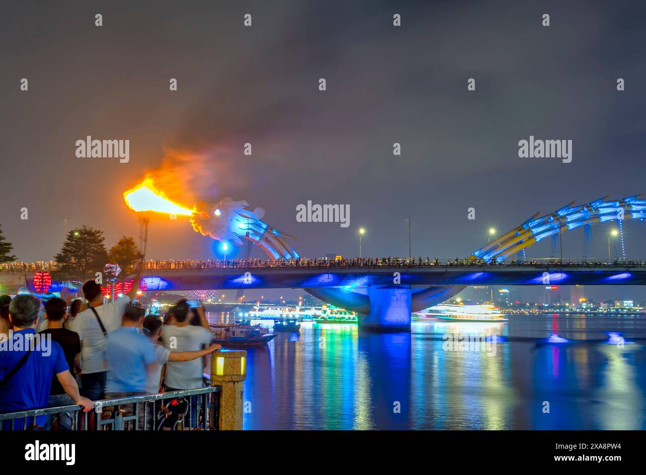 Dragon River Bridge and administrative center building at night, the ...