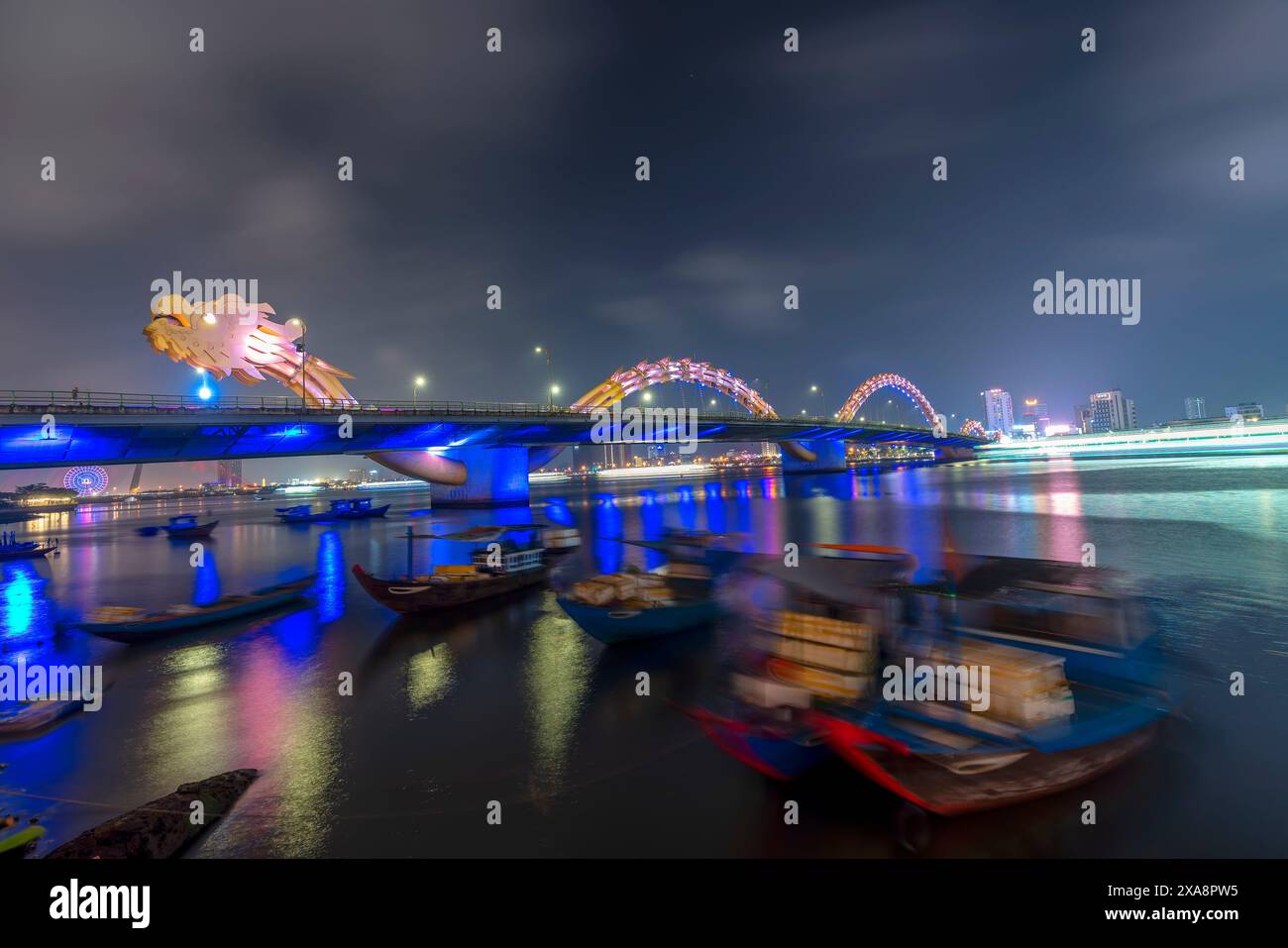 Dragon River Bridge and administrative center building at night, the ...