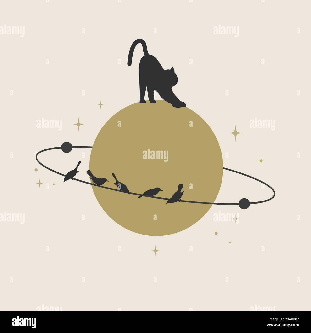 Silhouettes of the sitting birds on a planet. Saturn rings heavenly ...