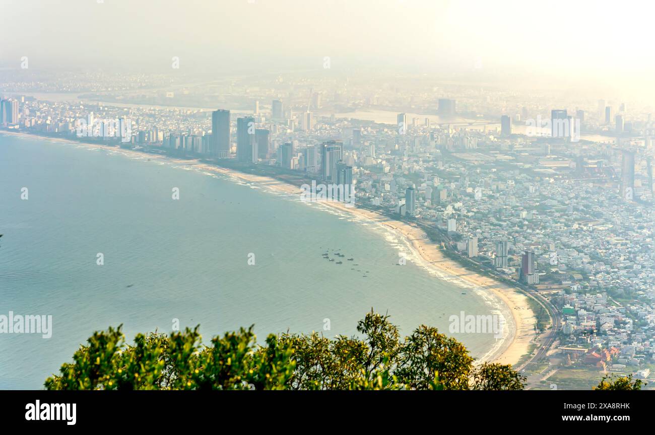 Aerial view of Da Nang beach and Son Tra peninsula which is very famous ...