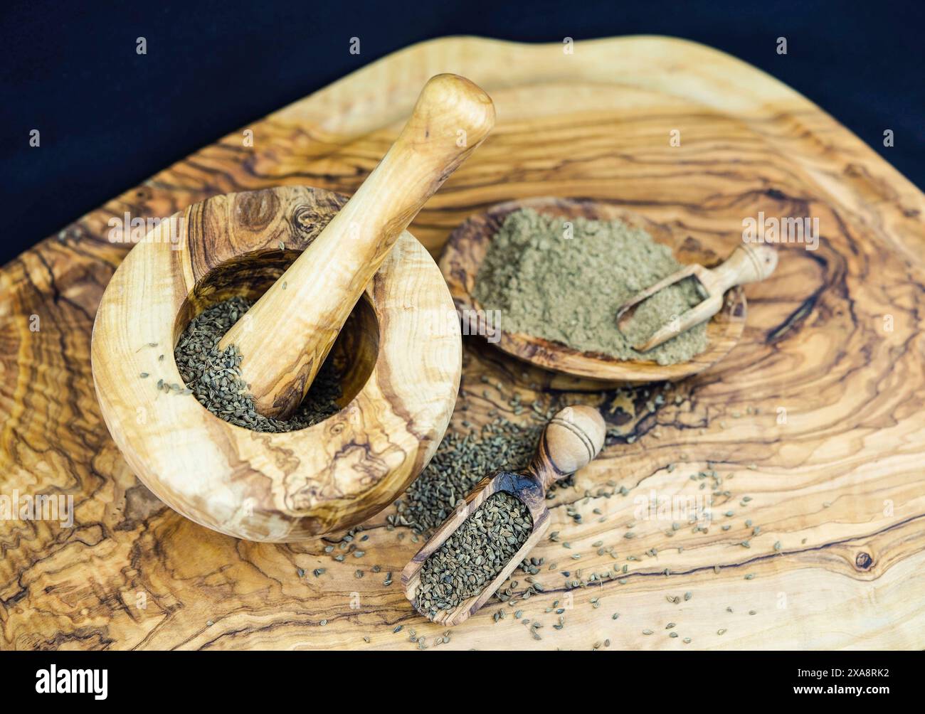 anise (Pimpinella anisum), Anise seeds, whole and ground, with mortar ...