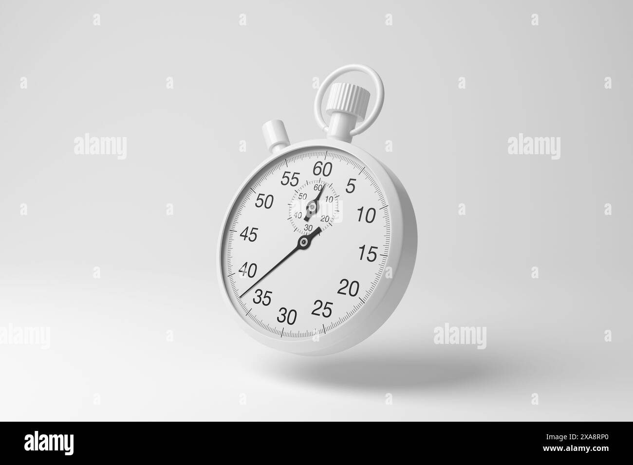 White stopwatch floating in mid air on white background in monochrome ...