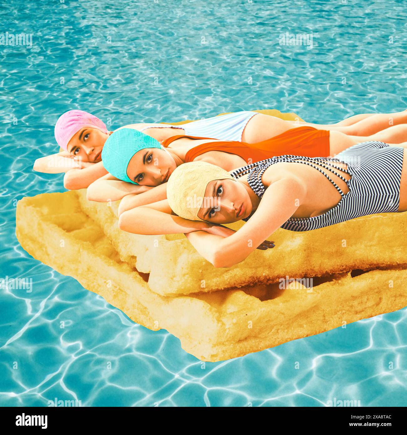 Three women in swimsuit and cap lying on waffles and swimming in swimming pool. Sunbathing ...