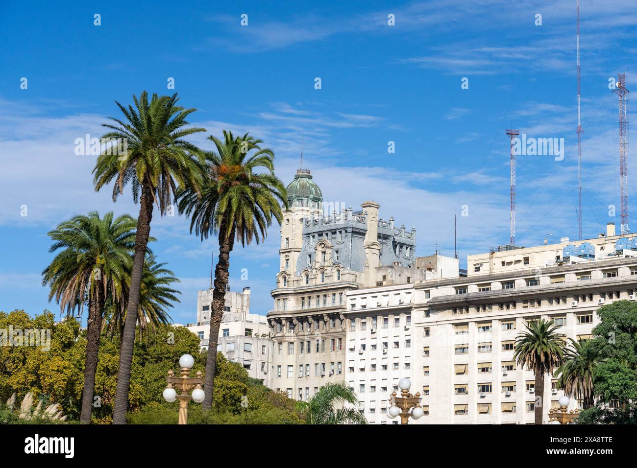 The tower of the Railway Building with the Palacio de Hacienda at right ...
