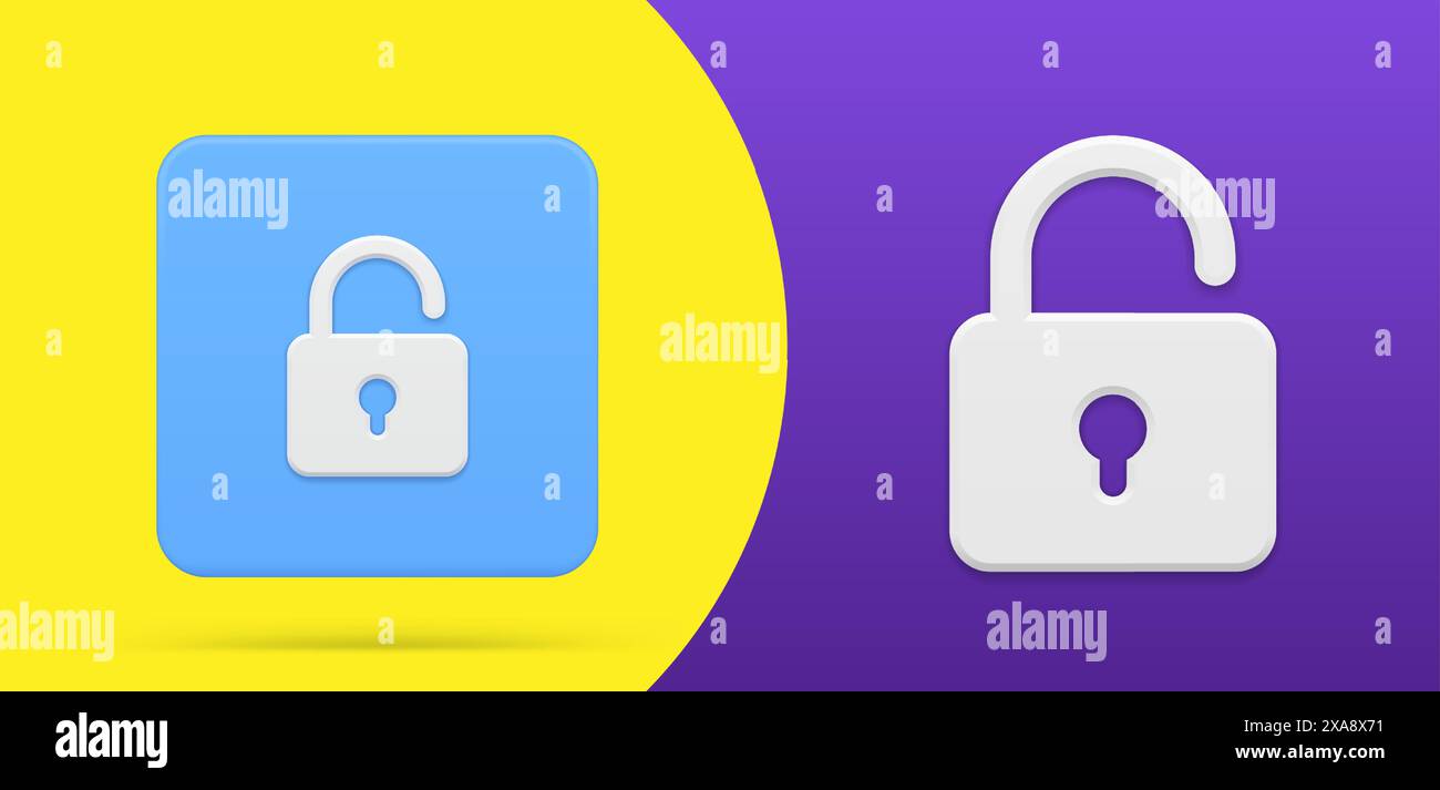 Simple 3d icon open hanged lock button and emblem set at yellow purple ...