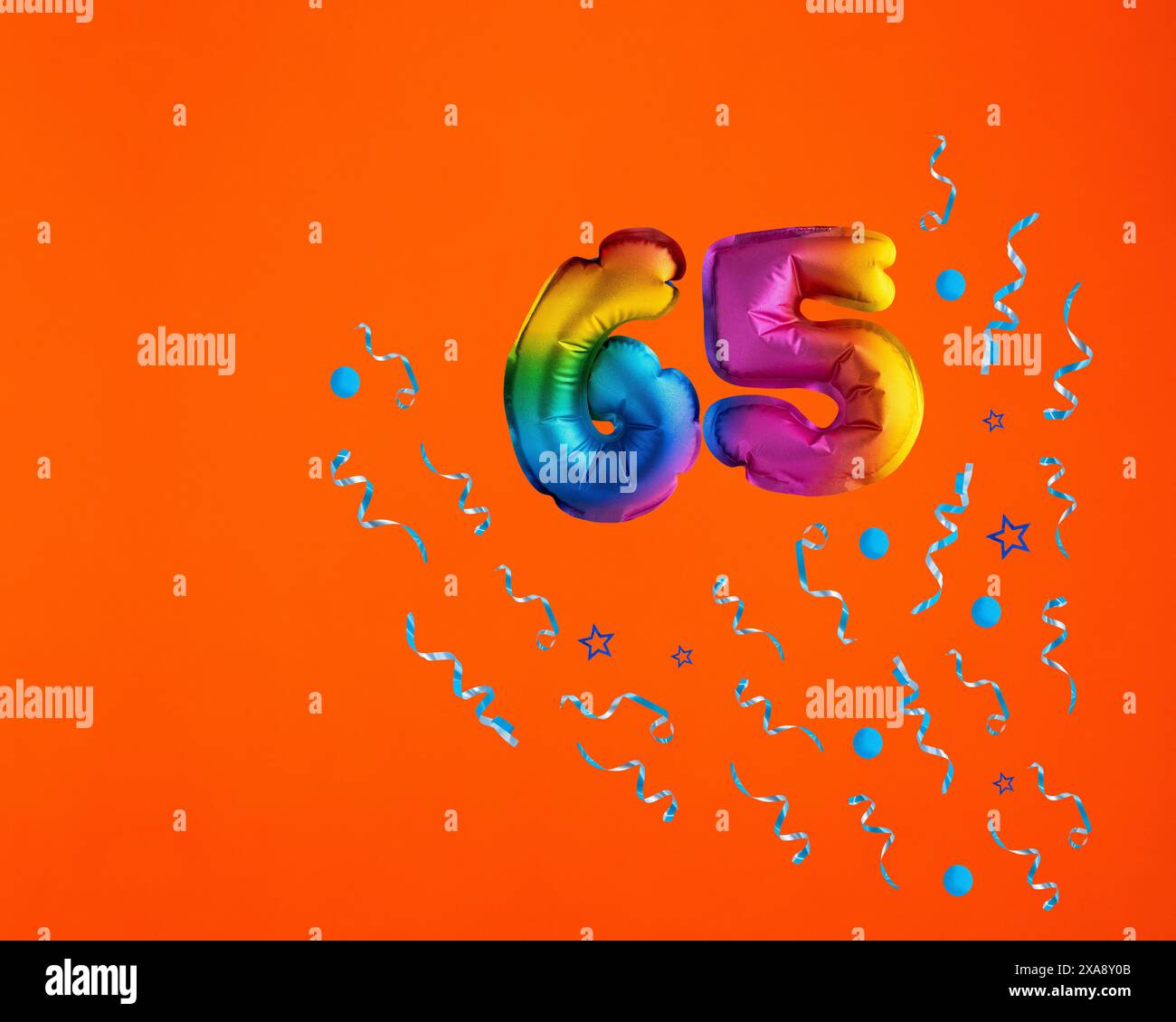 Confetti explosion with number 65 balloon - Celebration on orange ...