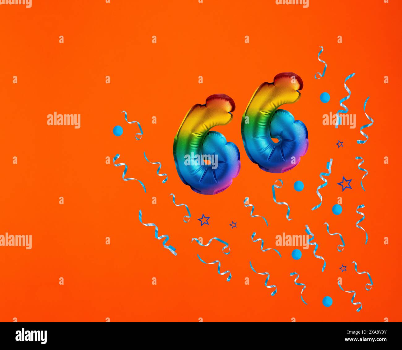 Multicolor balloon number 66 - Confetti explosion on orange background ...