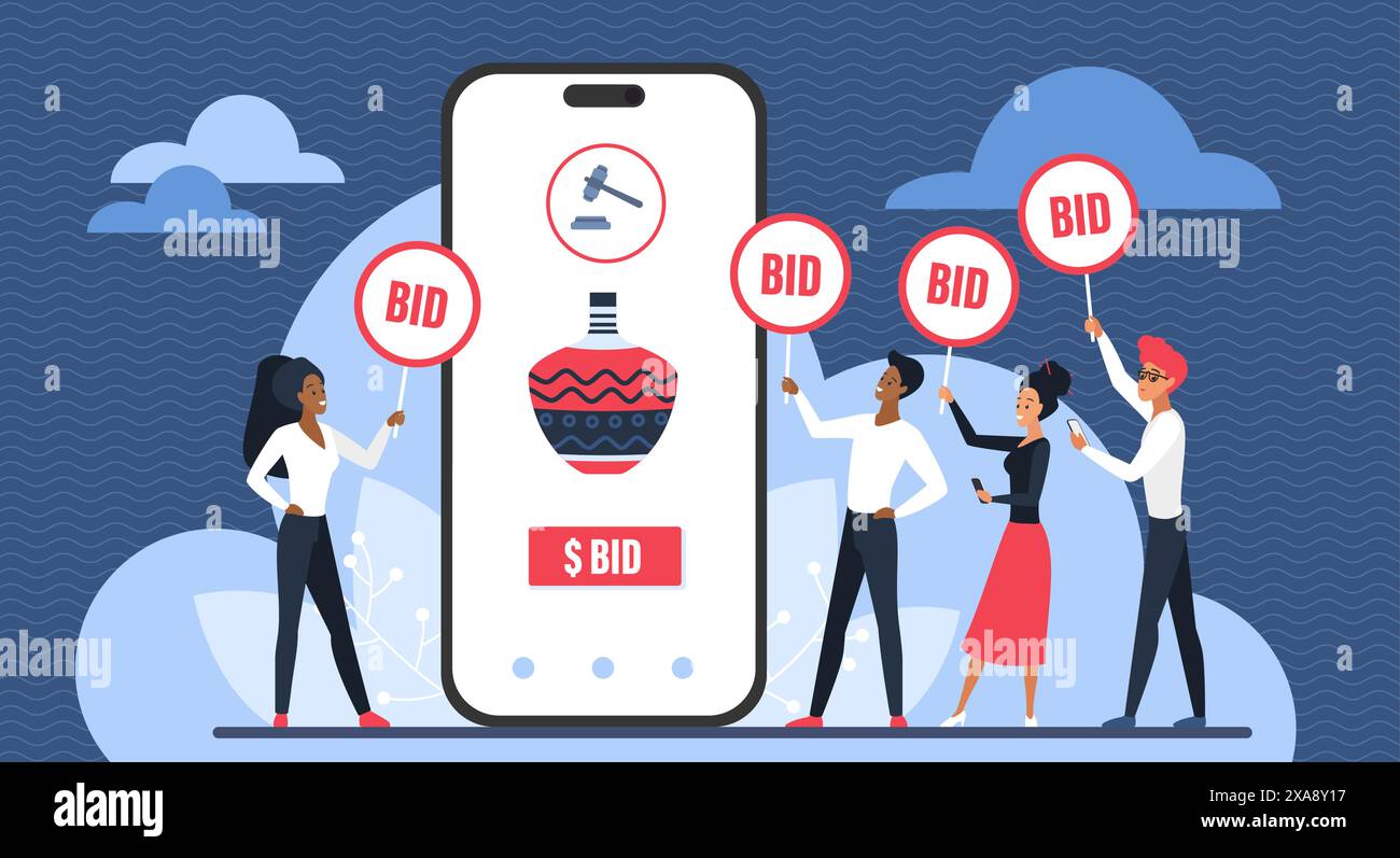 Online auction process, bids for antique vase in mobile app. Tiny ...