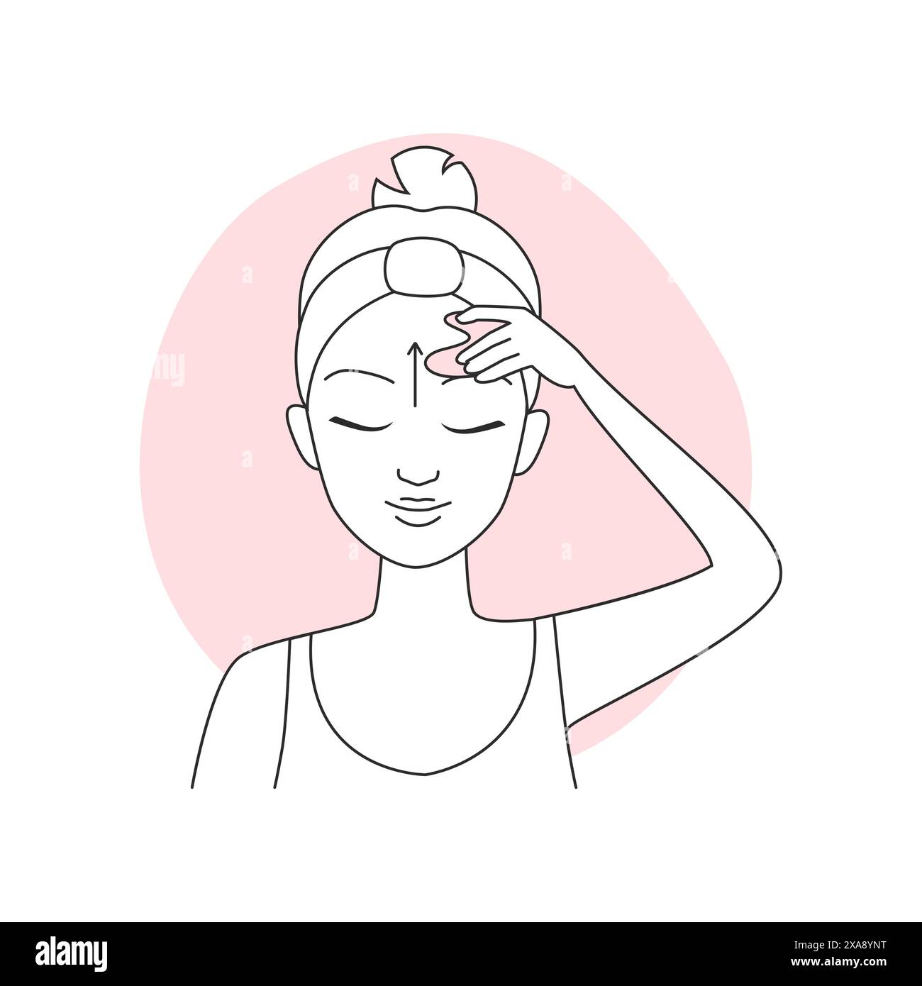 Girl massaging forehead skin along lines up with arrow, gua sha method ...