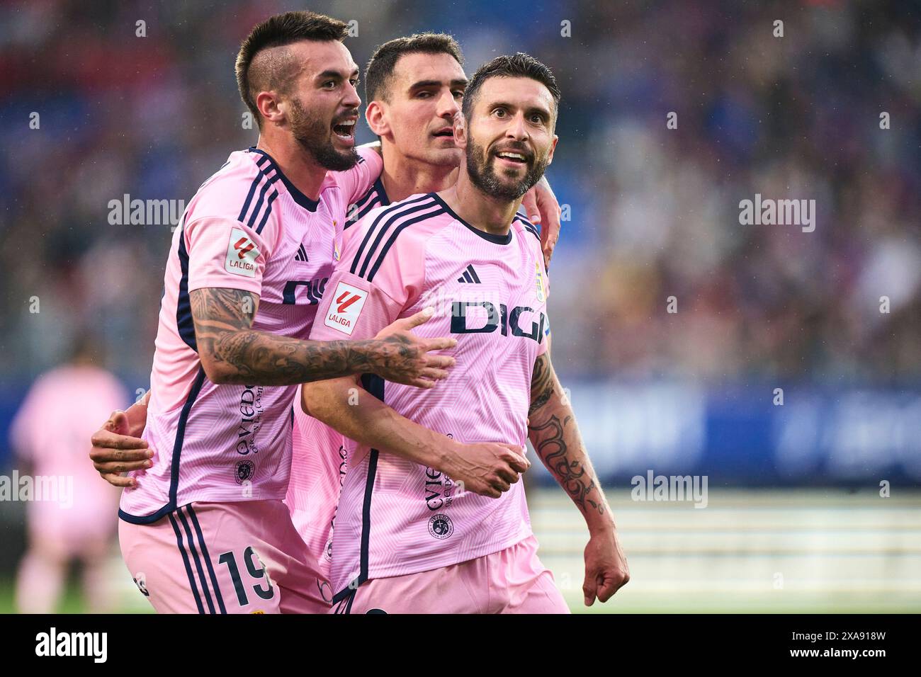Borja Baston, Dani Calvo and Alex Millan of Real Oviedo reacts during ...