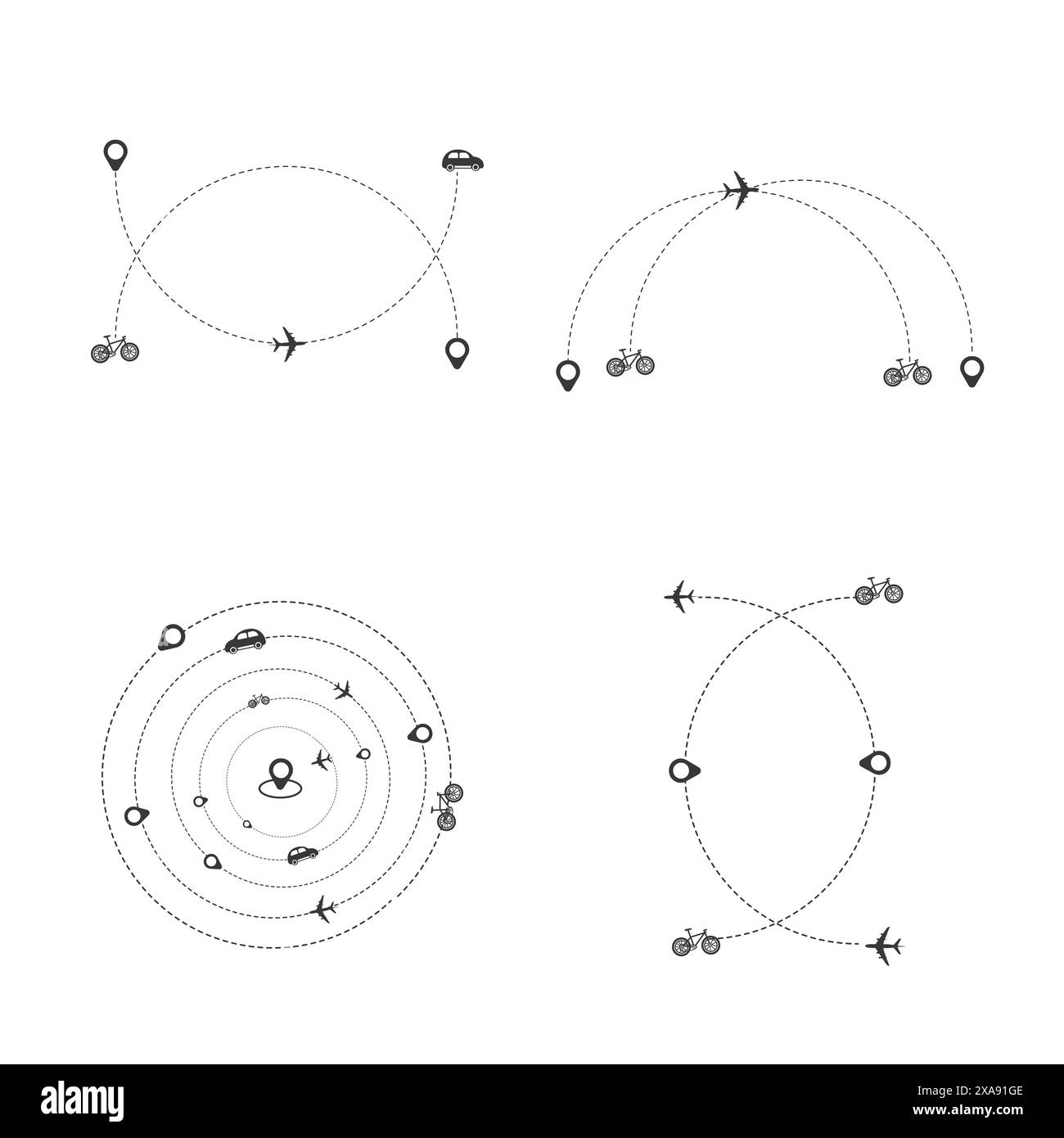 Set of dashed line airplane route with location icon flat design Stock ...