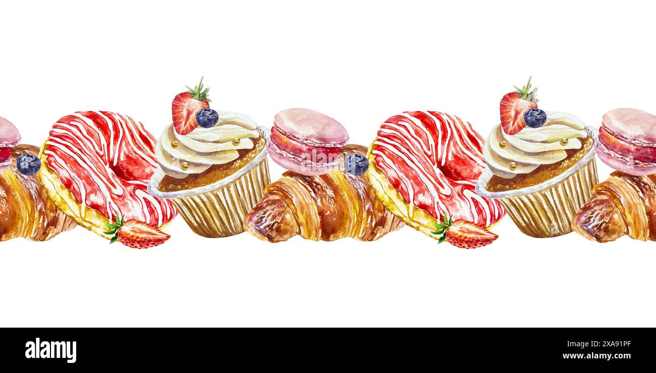 Cakes seamless border. Donut, croissant, muffin, macaron, berries. Hand ...