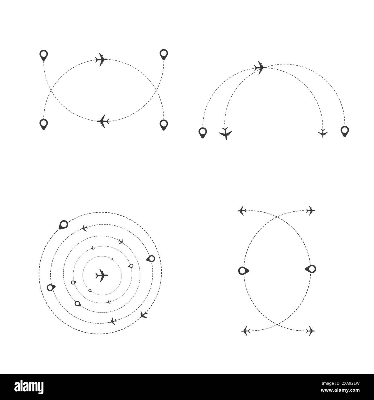 Set of dashed line airplane route with location icon flat design Stock ...