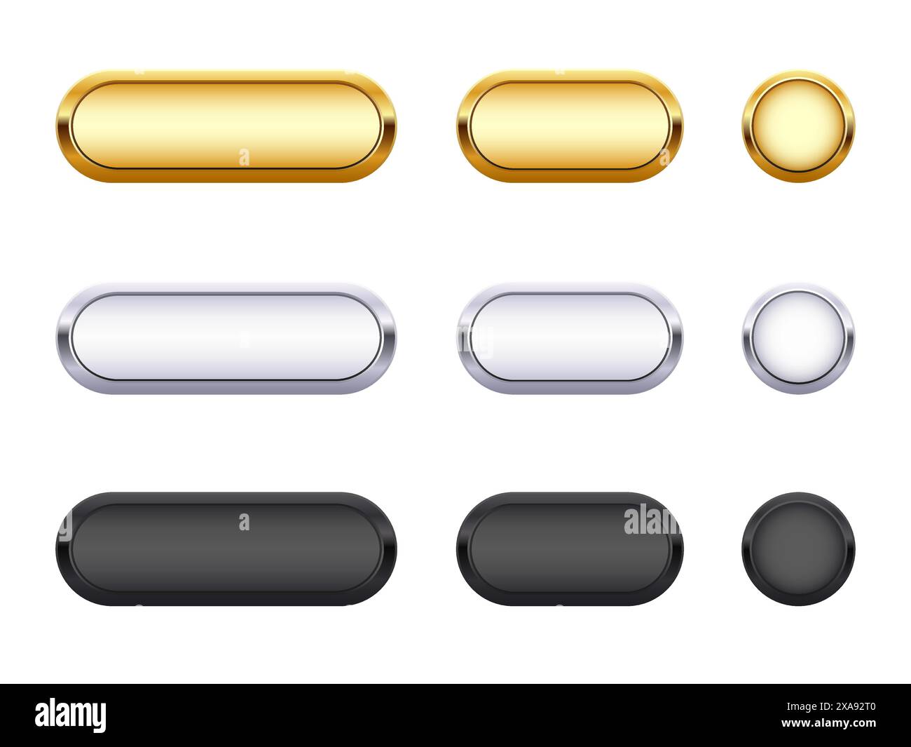 Set of buttons for mobile, web, or video games. Golden, silver, and black buttons GUI elements ...