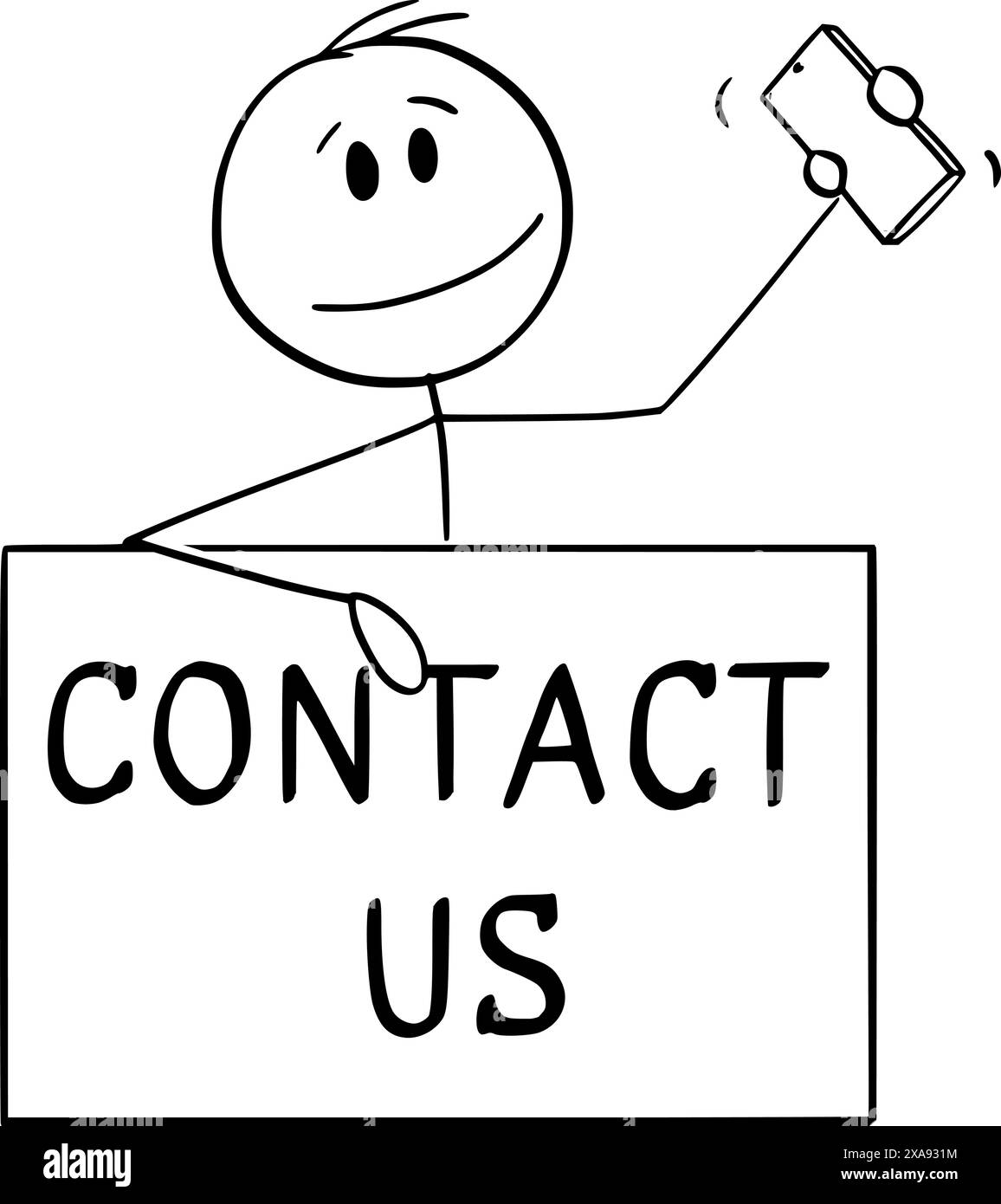 Person holding phone and sign, call us or contact us, vector cartoon ...