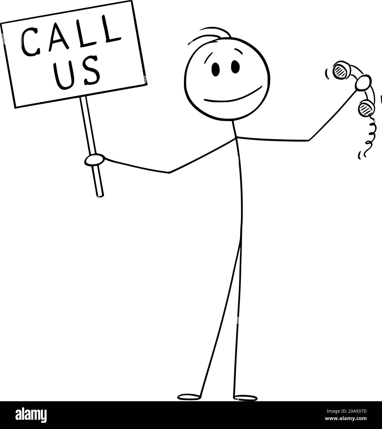 Person holding phone and sign, call us or contact us, vector cartoon ...