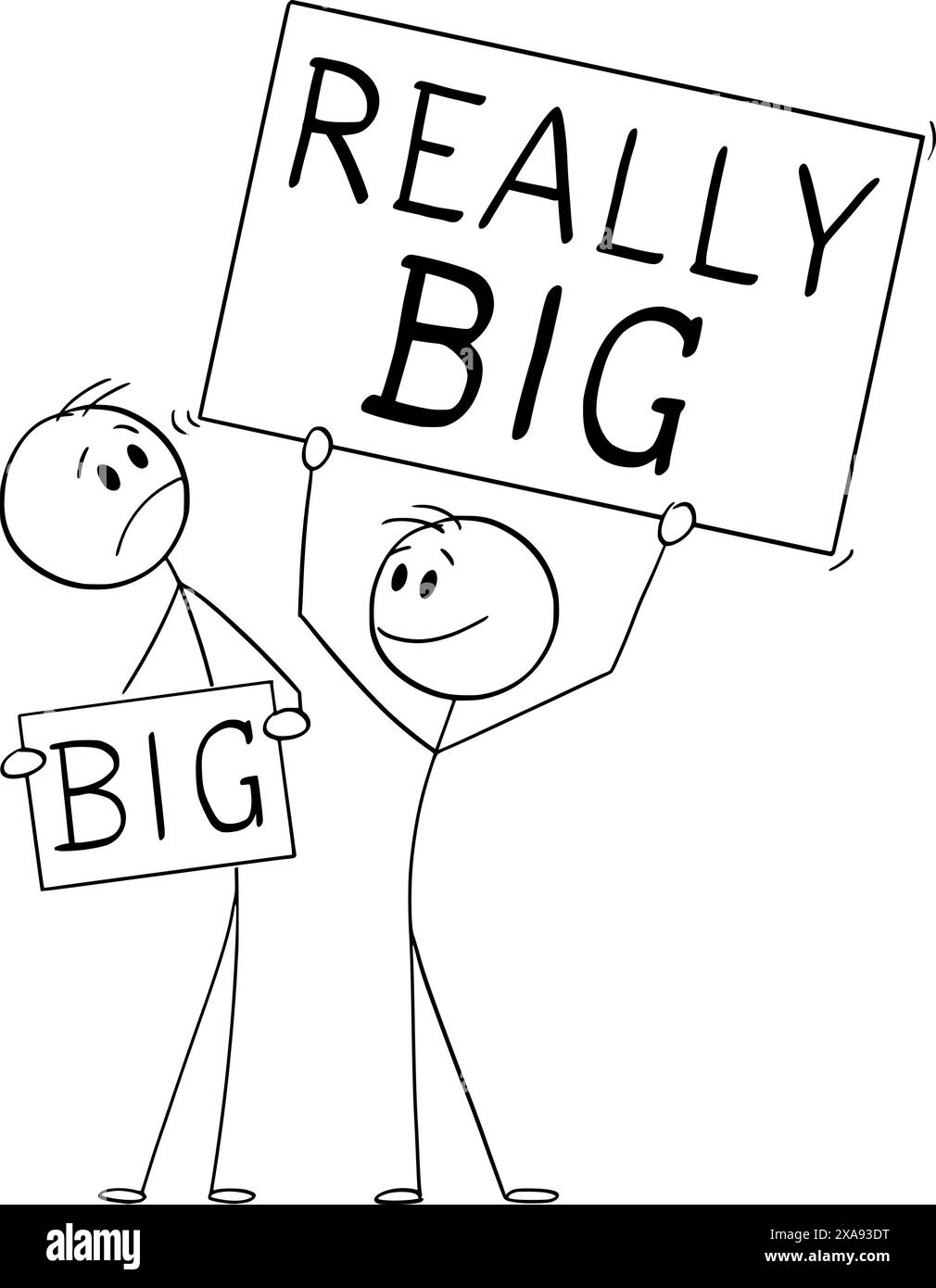 Big or even bigger, persons holding signs, vector cartoon stick figure ...