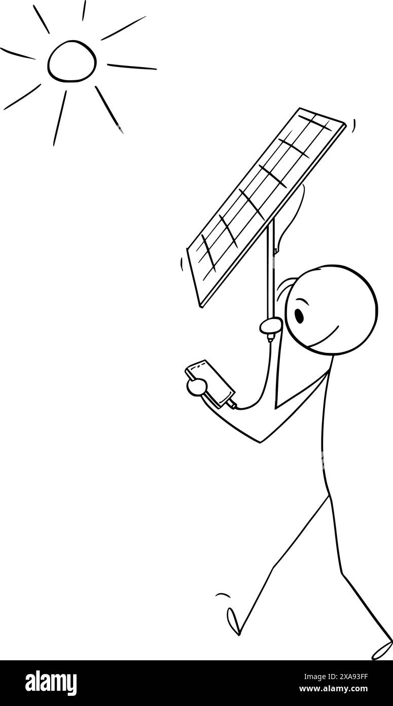 Person with mobile phone powered by portable solar energy, vector ...