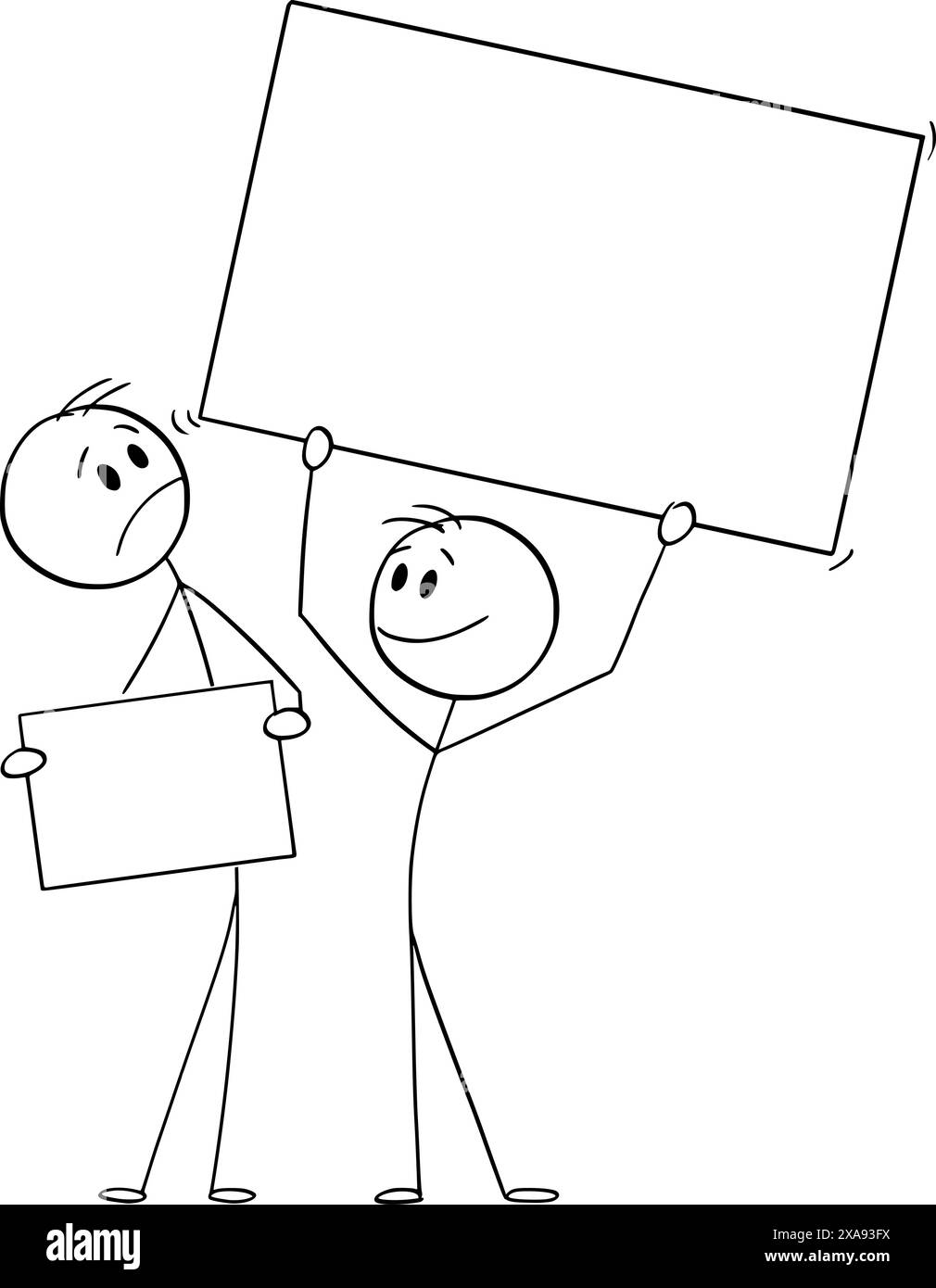Two persons holding small and big signs, vector cartoon stick figure or ...
