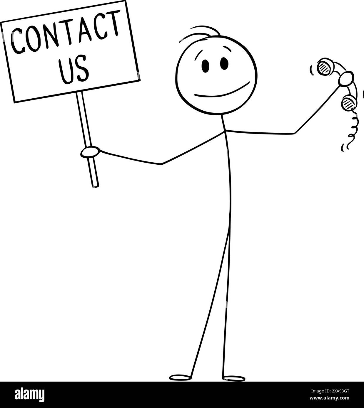 Person holding phone and sign, call us or contact us, vector cartoon ...
