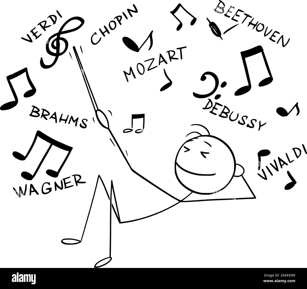 Person enjoying and listening classical music, vector cartoon stick ...