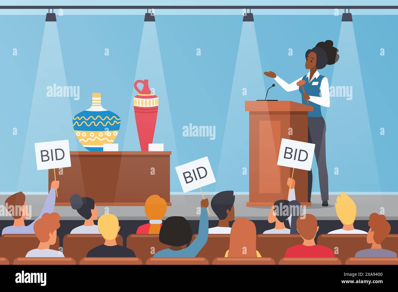 Public bidding for valuable antique vases at auction. Auctioneer with ...