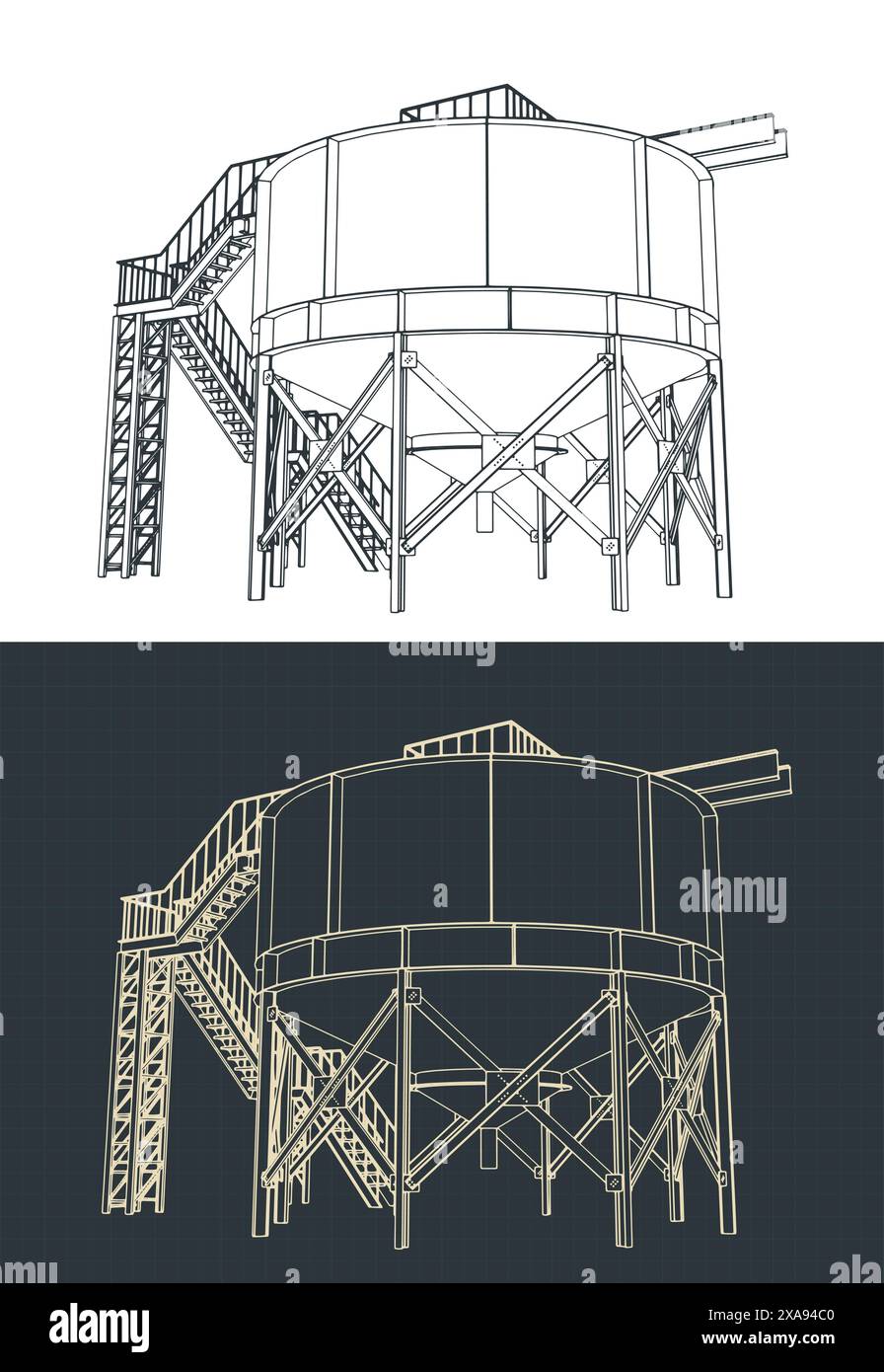 Stylized vector illustration of blueprints of mining thickener tank ...