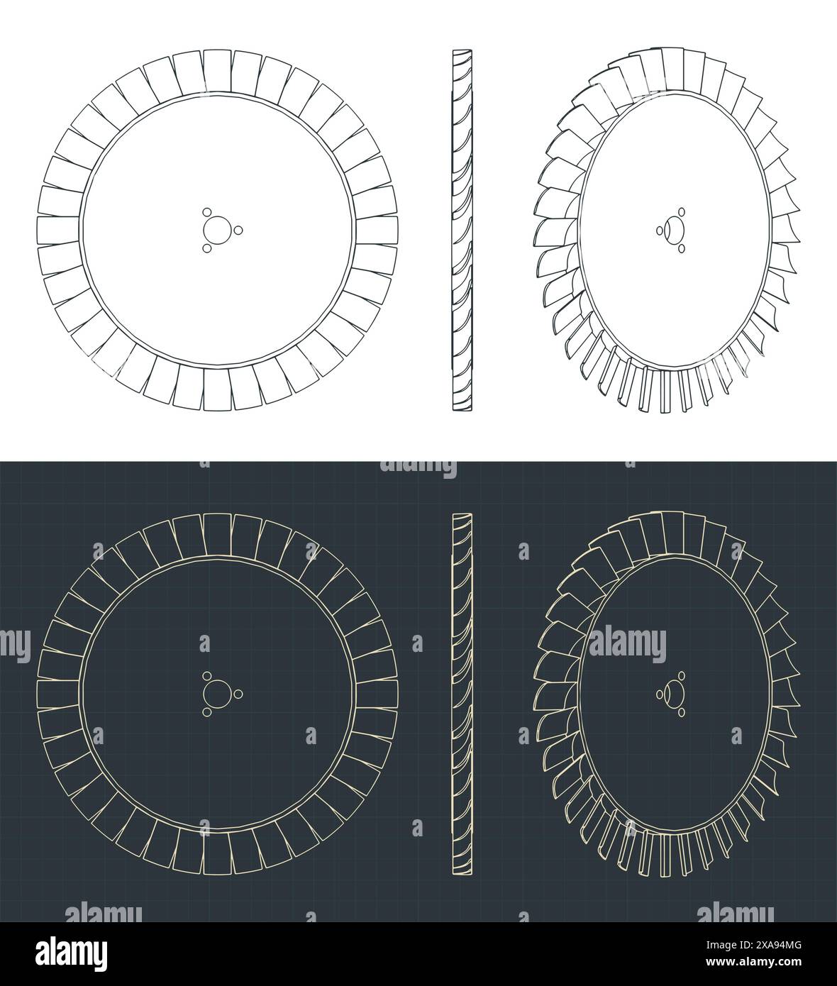 Stylized vector illustrations of blueprints of engine compressor blisk ...