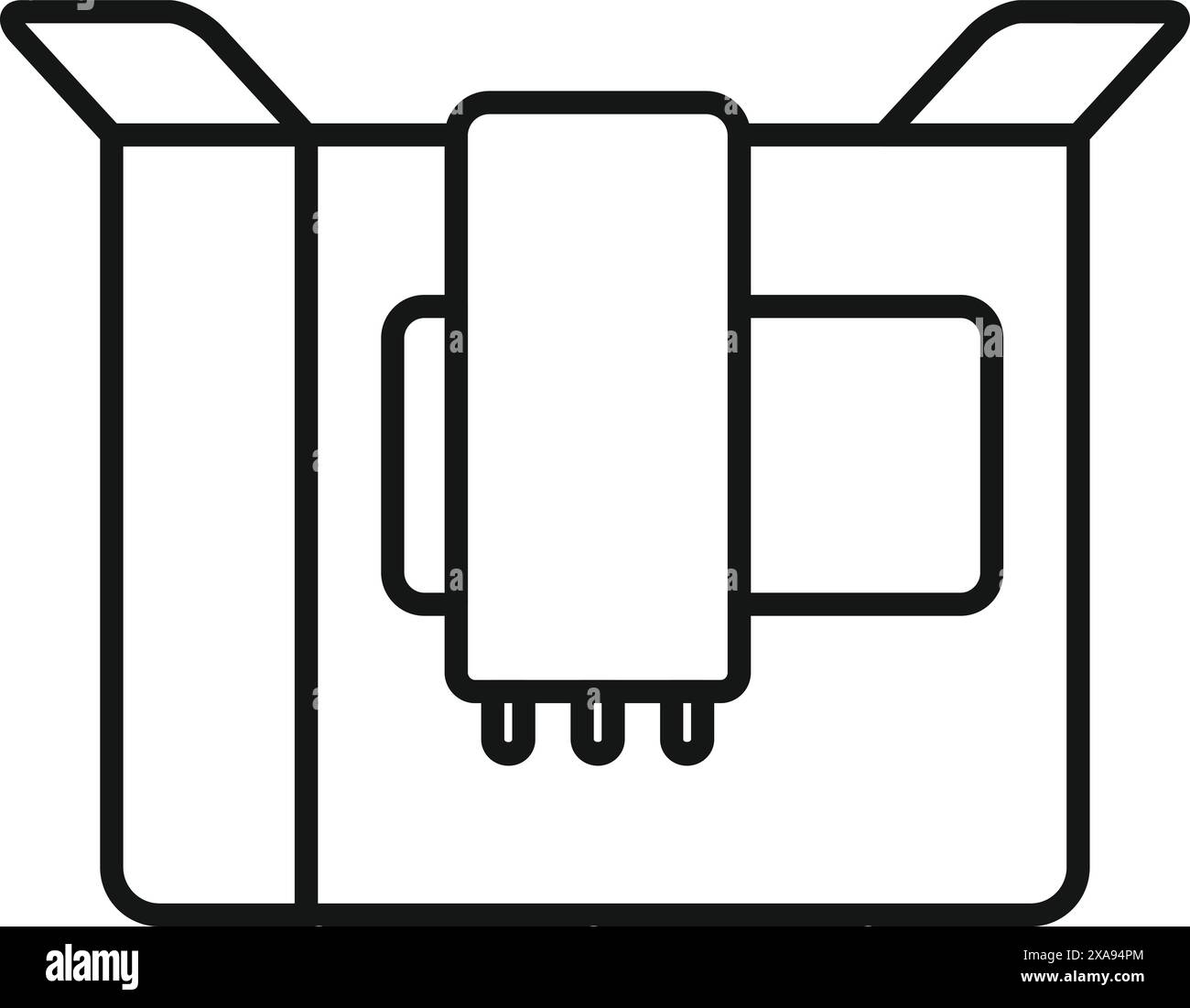 Line drawing featuring an opened box with an electronic device and ...