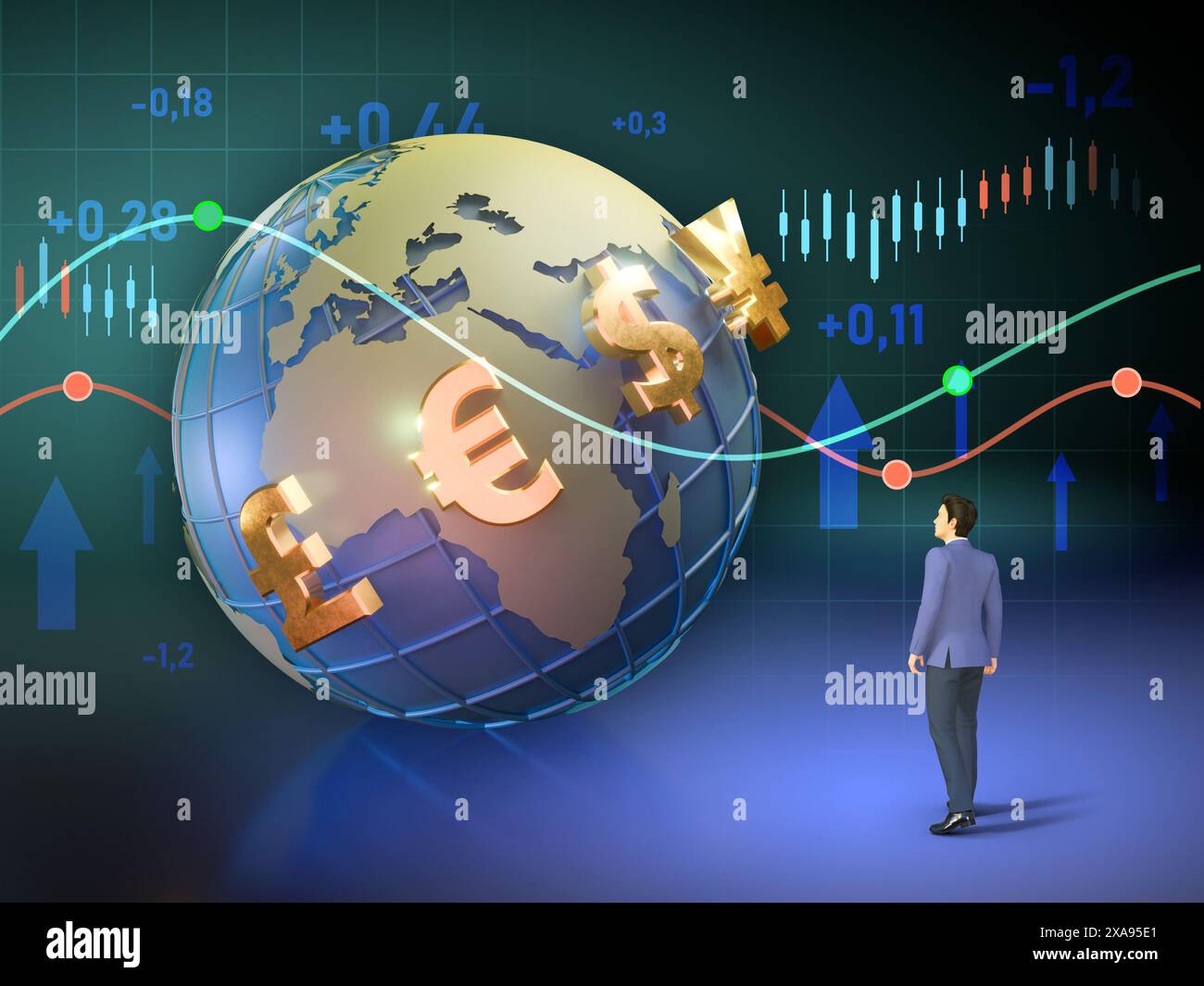 Businessman looking at some currency symbols moving around planet Earth ...