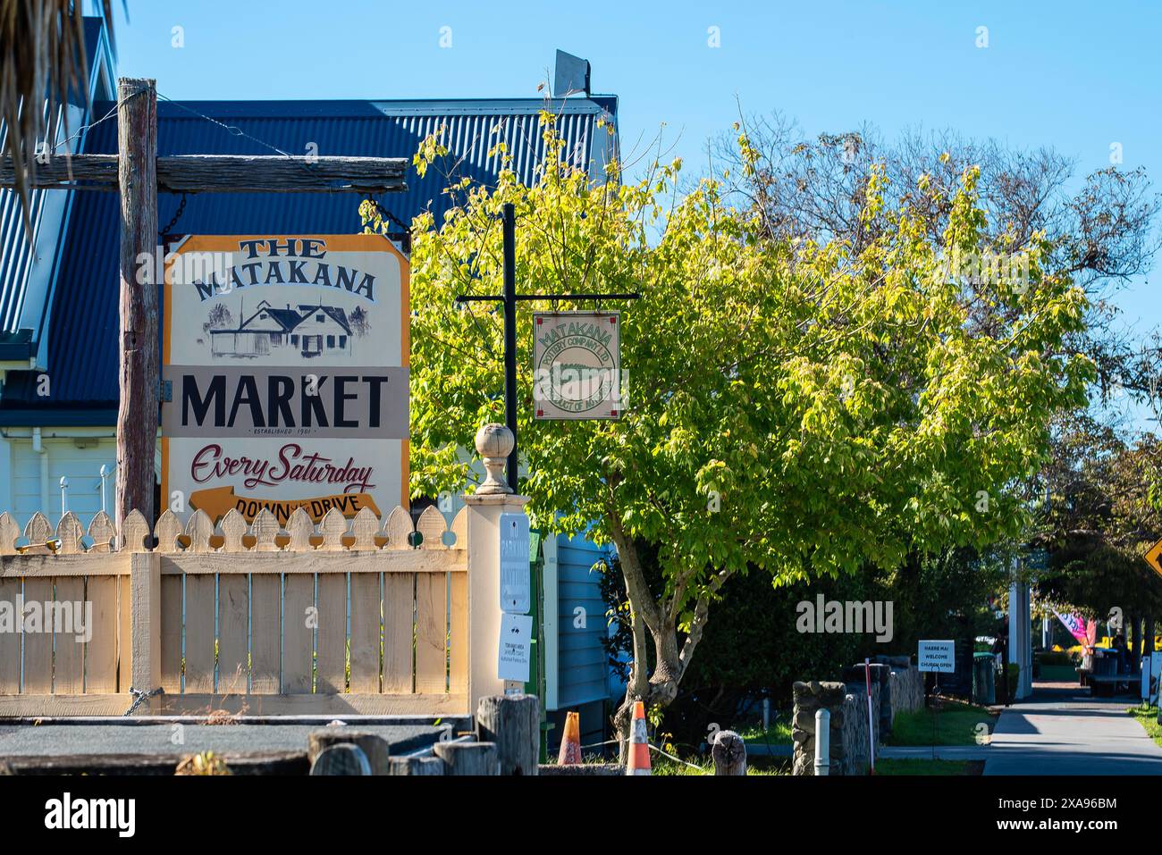 A sign advertising a weekend market in the village of Matakana in New ...