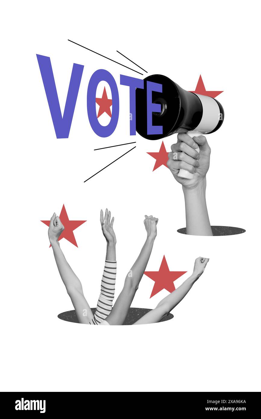 Creative trend collage of hand hold toa announce vote election ballot ...