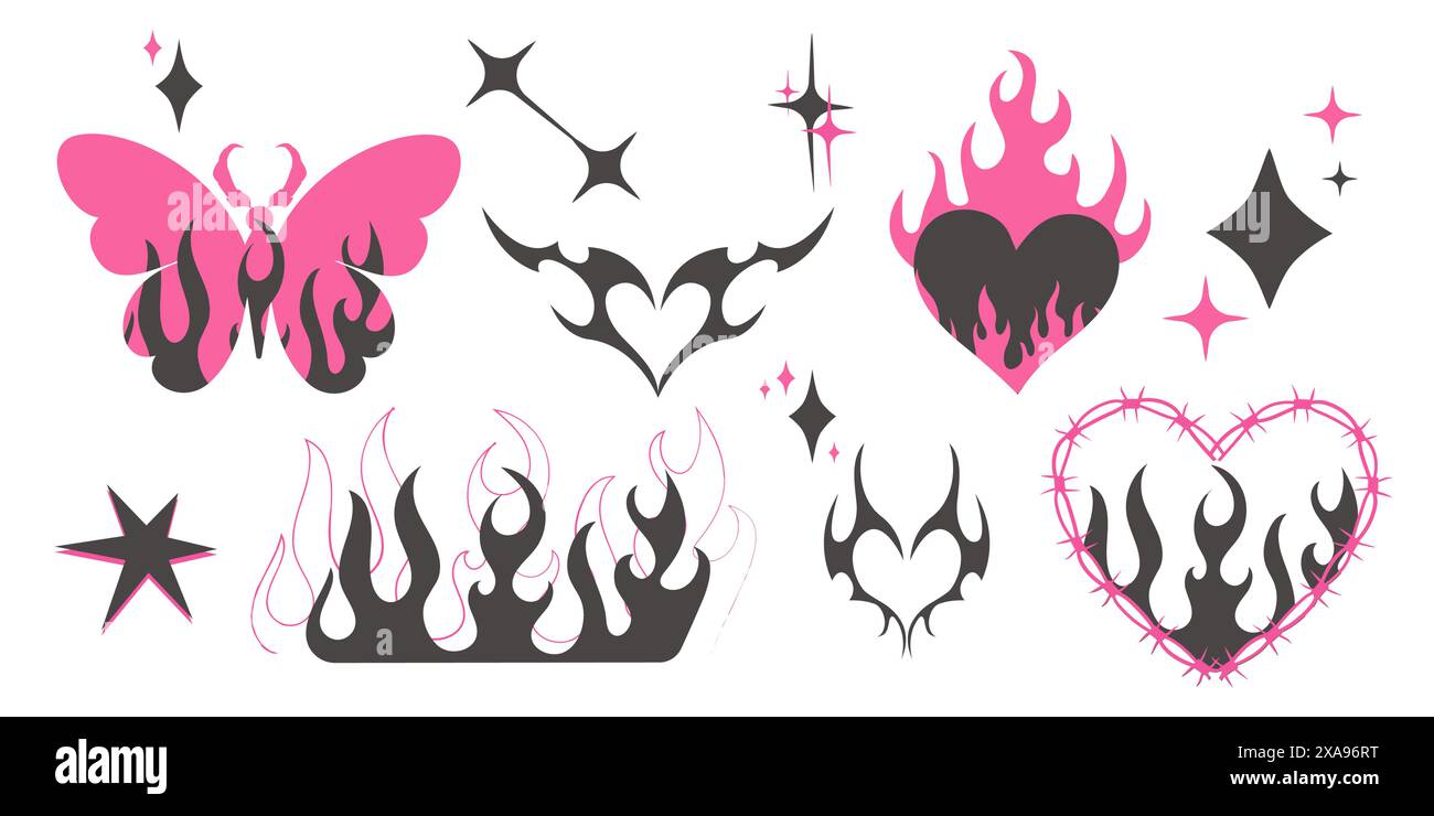 Set Barbed wired Heart with flame y2k gothic tattoo neo tribal ...