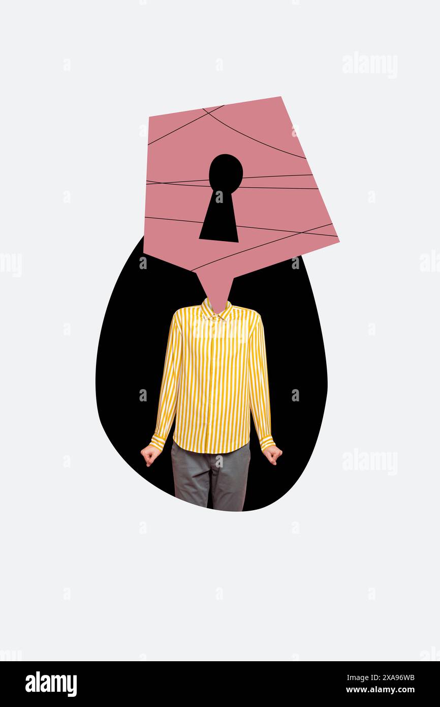 Vertical image collage headless person keyhole padlock locked opened ...