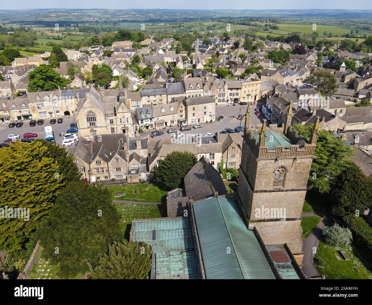 Drone view at the village of Stow on the wold on England Stock Photo ...