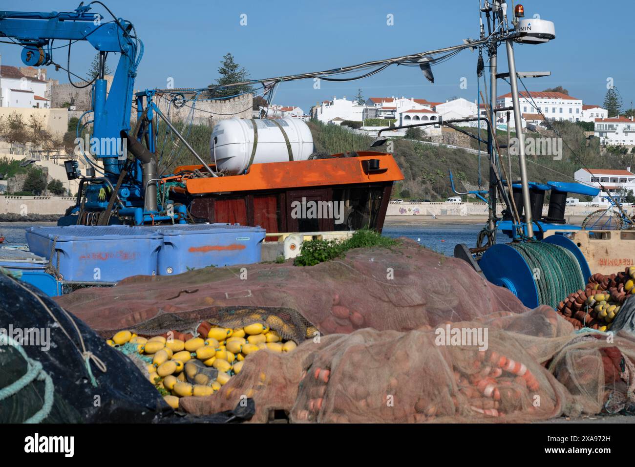Equipment and gear on the shoreline in the Town of Sines, Setubal ...