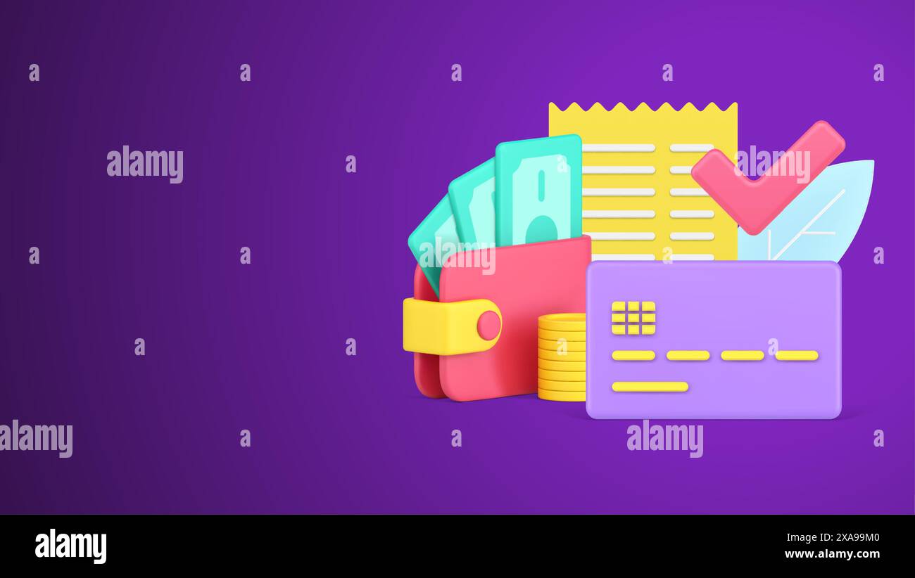 Successful payment with credit card, cash money dollar, coins, wallet ...