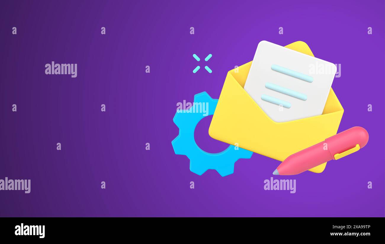 Writing new letter sending at open envelope with paper blank simple 3d ...