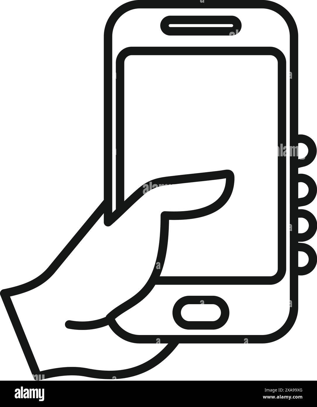 Simple line drawing of a hand holding a smartphone and touching the ...